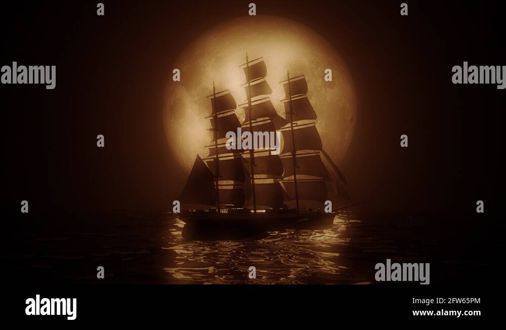 Highly stylized view of a Tall Ship illuminated by a full moon Stock ...