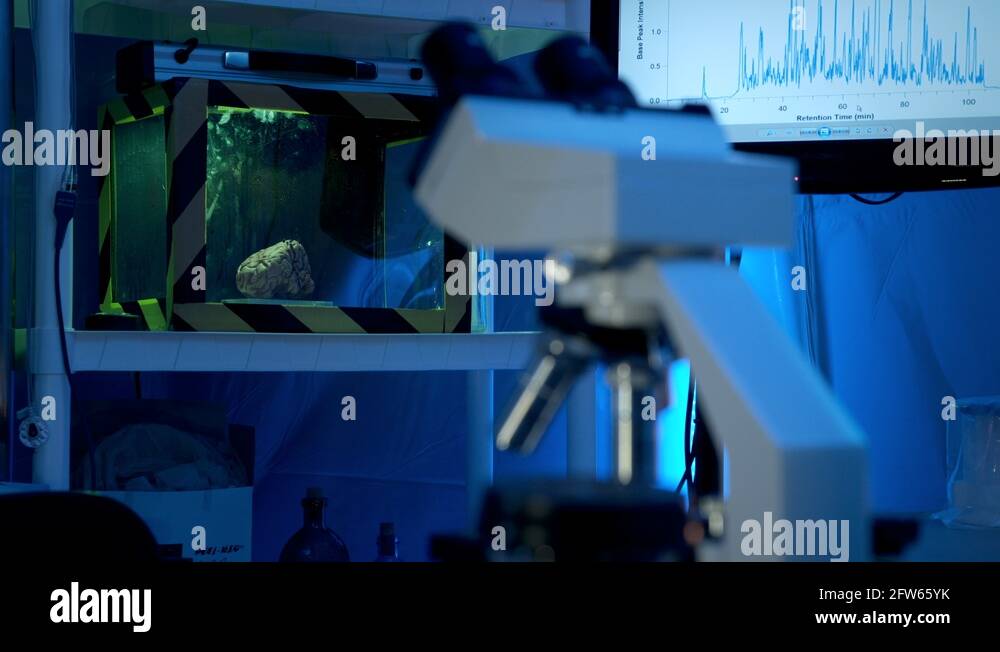 dolly rack focus scifi from microscope to brain in a specimen box 4k ...