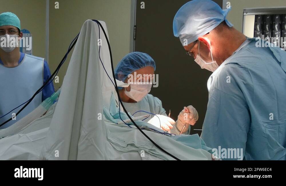 Abdominal laparoscopy on professional medical equipment in operating ...