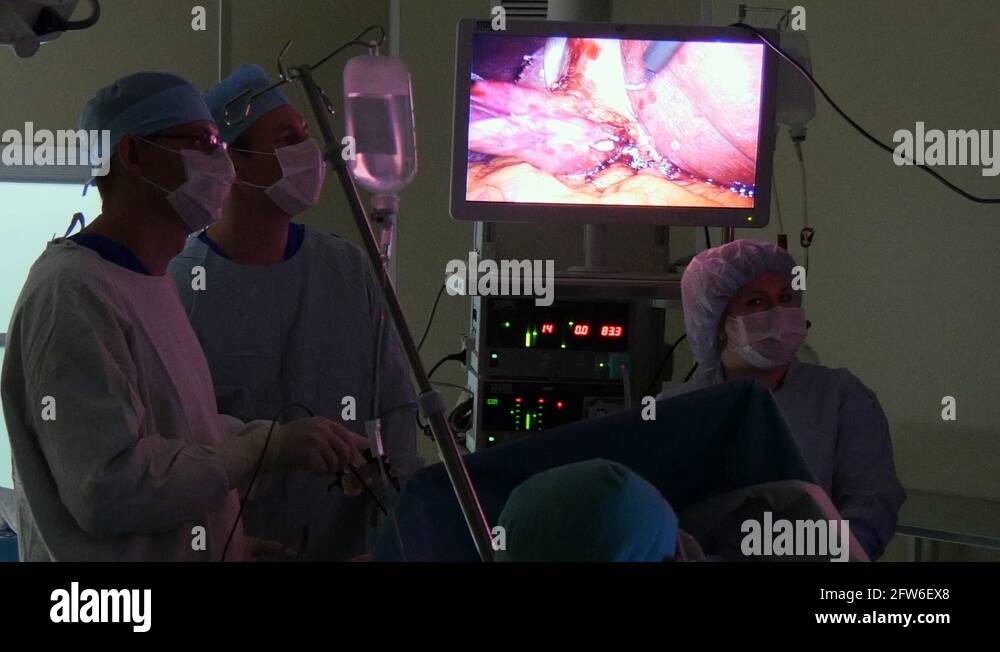 Abdominal cavity inside during operation laparoscopy on monitor Stock ...