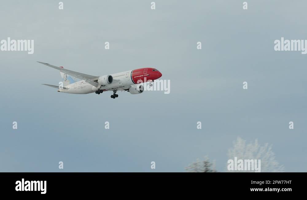 boeing 787 dreamliner appear in flight behind trees winter scenery ...