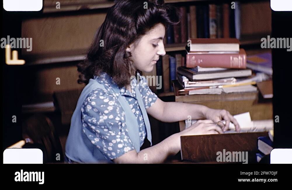 1940s Student Girl Using Card Catalog at School Library Vintage Old ...