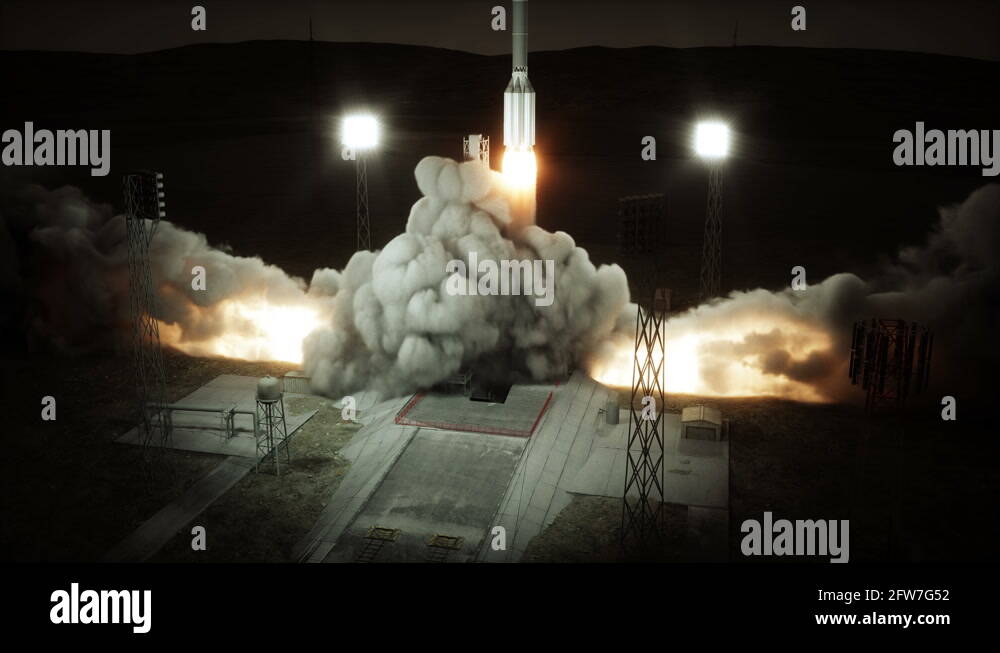 Rocket launch animation. Space launch system. Night. Realistic 4k ...