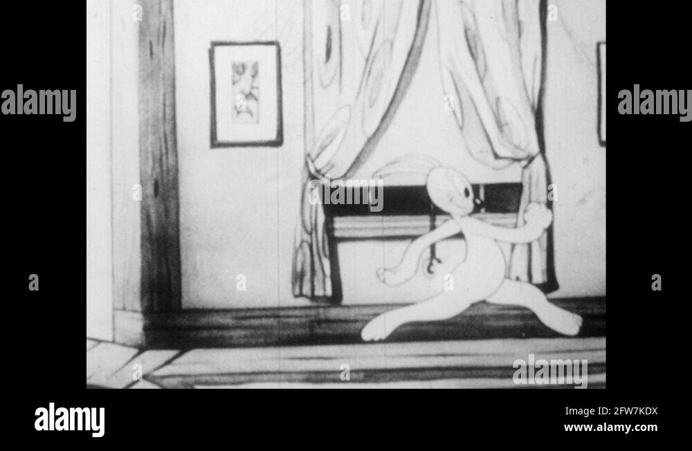 1930s: Animation of rabbit in hallway, closes door, dog tries to open ...