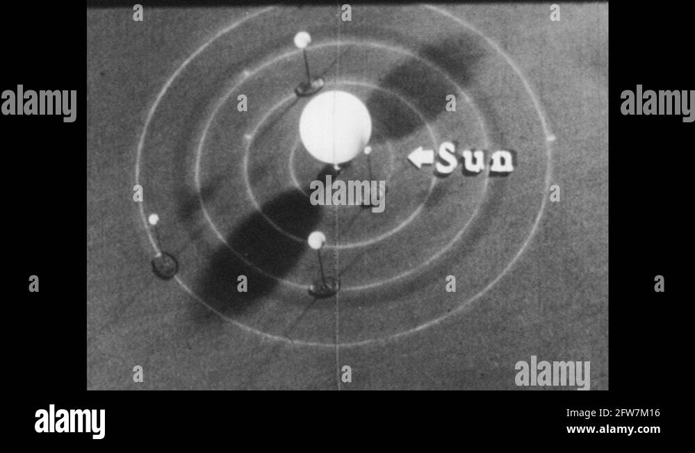 1950s: Diorama of the sun and four closest planets orbiting it. Arrow ...