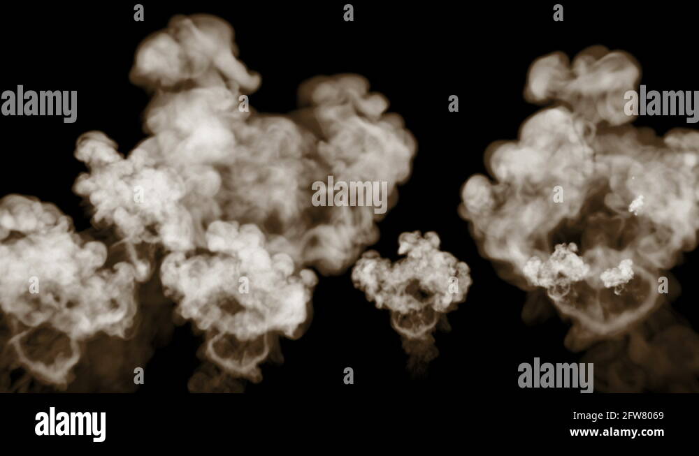 Smoke streams in slow motion side view. Isolated on black background ...