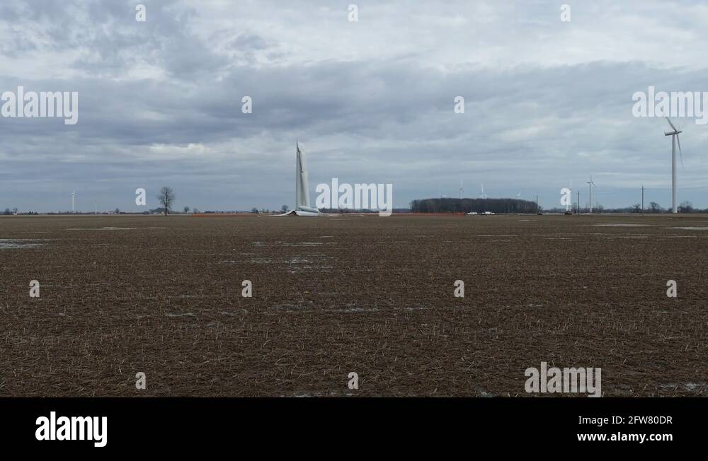 Wind energy farm turbine destroyed and collapsed from structural ...