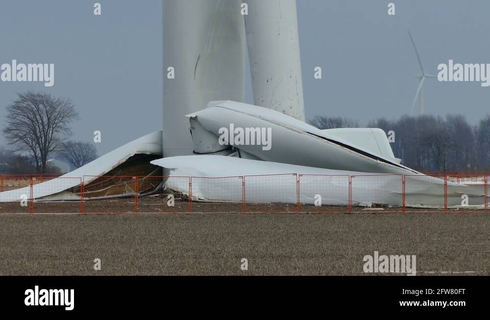 Wind energy farm turbine destroyed and collapsed from structural ...