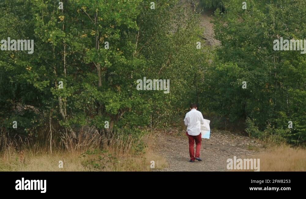 The back view of the tourist wandering with the map along the forest in ...