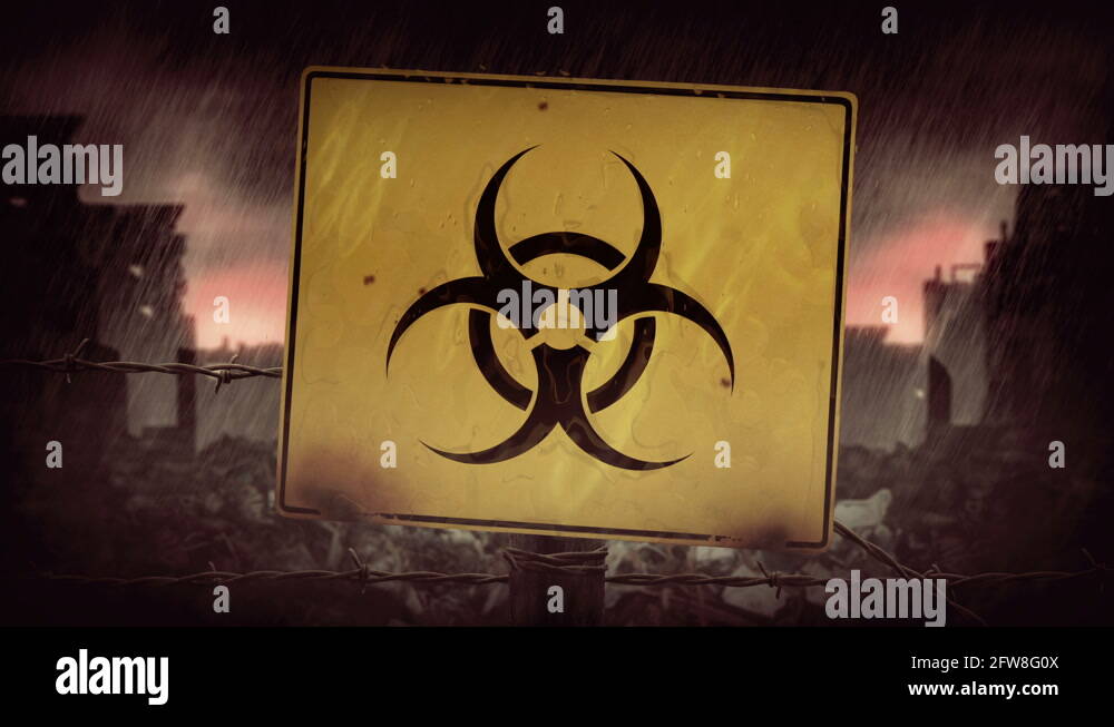 Biohazard symbol. City ruins under rain. Animation of post apocalyptic ...