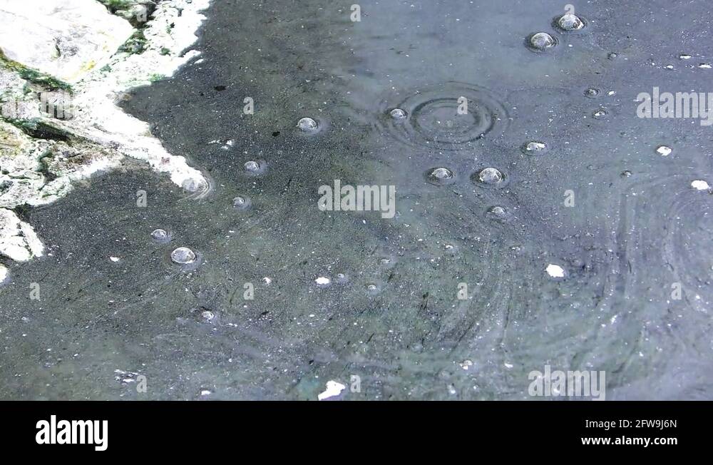 A polluted, bubbling, boiling, sulfur stinking mineral hot spring, tilt ...