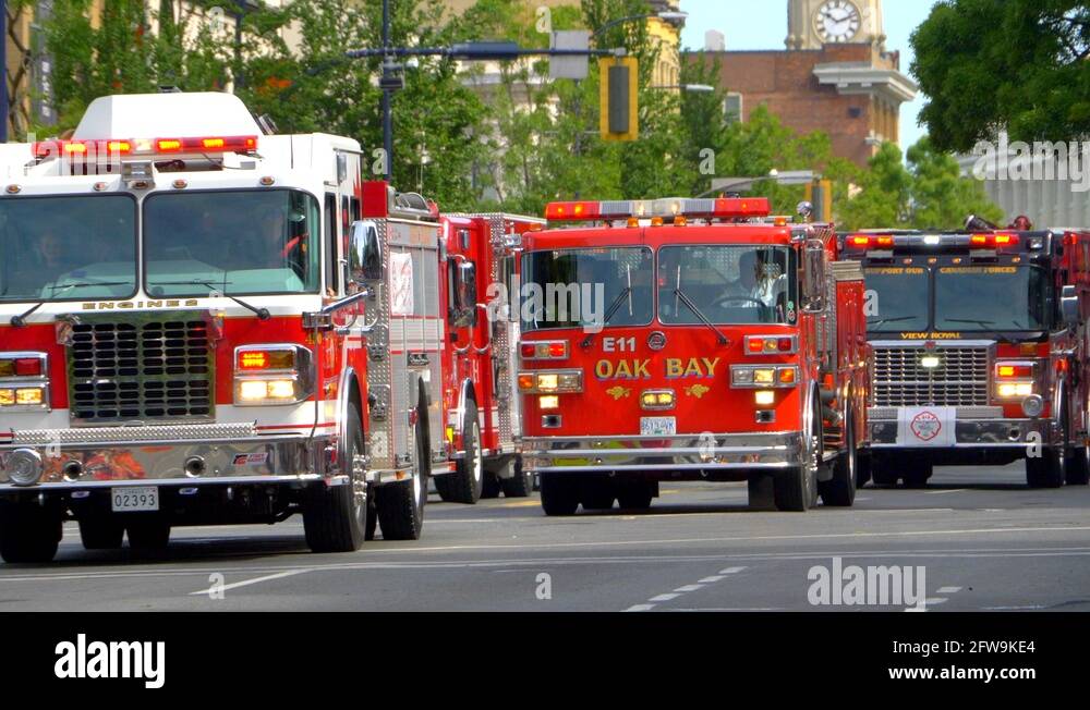 Fire Truck Parade in Downtown City Street, Emergency Rescue Vehicles ...
