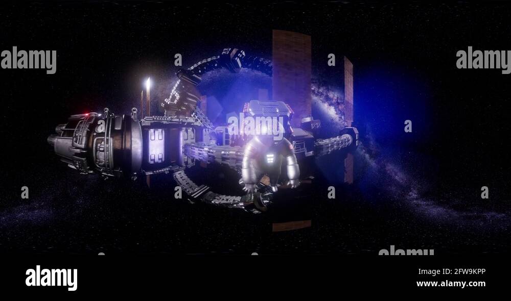 vr 360 futuristic spaceship flying in space with Mily Way. ready for ...