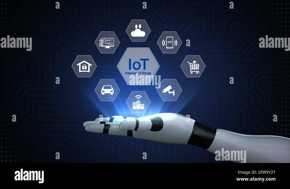 Robot arm, IoT hexagon icon, security, cctv, city, mobile, internet of ...