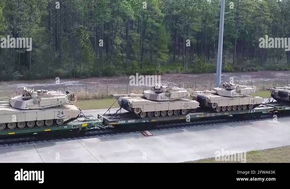 Military tanks placed on railroad carrier at Fort Stewart - 2017 Stock ...