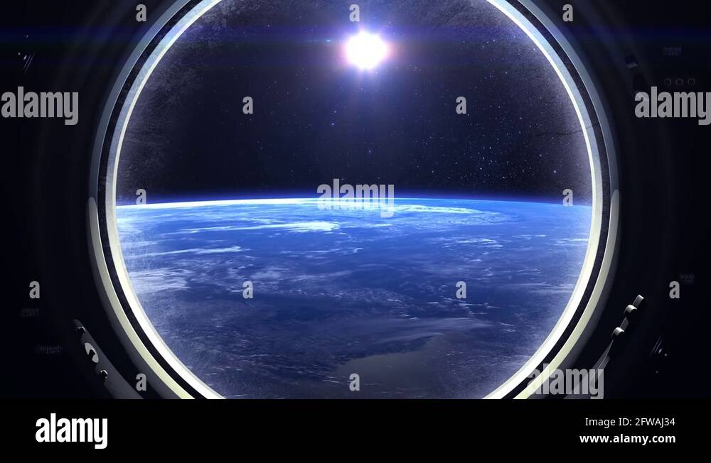 Earth as seen through window of International Space Station. ISS. Flies ...