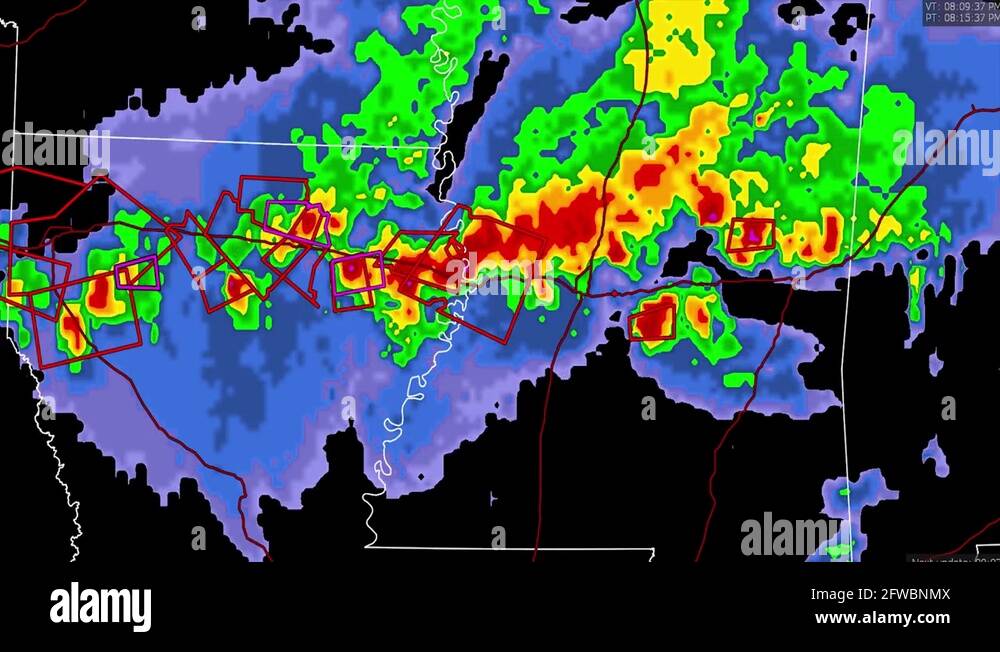 Weather radar screen showing severe thunder storms moving across the US ...