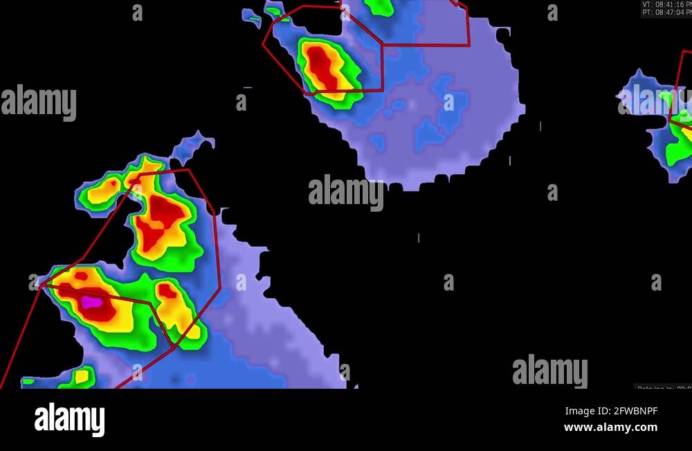 Weather radar screen showing severe thunder storms moving across the US ...