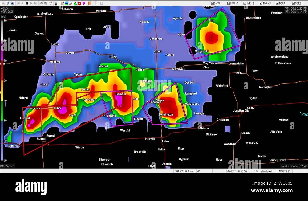 Severe Thunderstorms With Tornado Warnings On Kansas Weather Radar