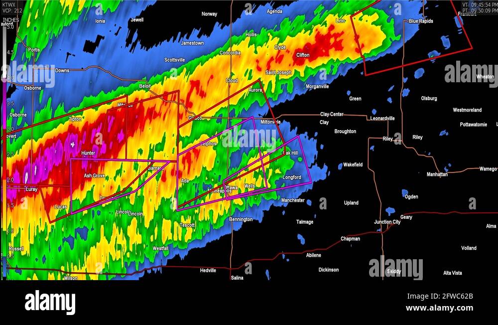 Severe thunderstorms with tornado warnings on weather radar screen ...