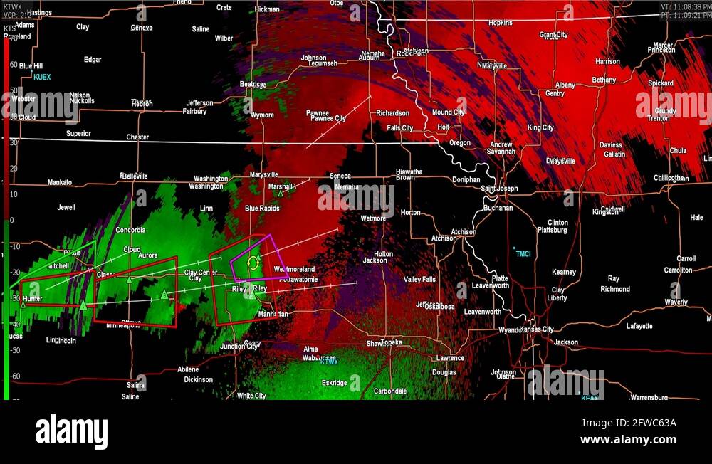 Severe thunderstorms with tornado warnings on weather radar screen ...
