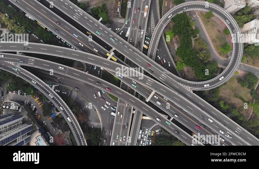 Large inner-city roads interchange, camera look straight down from ...