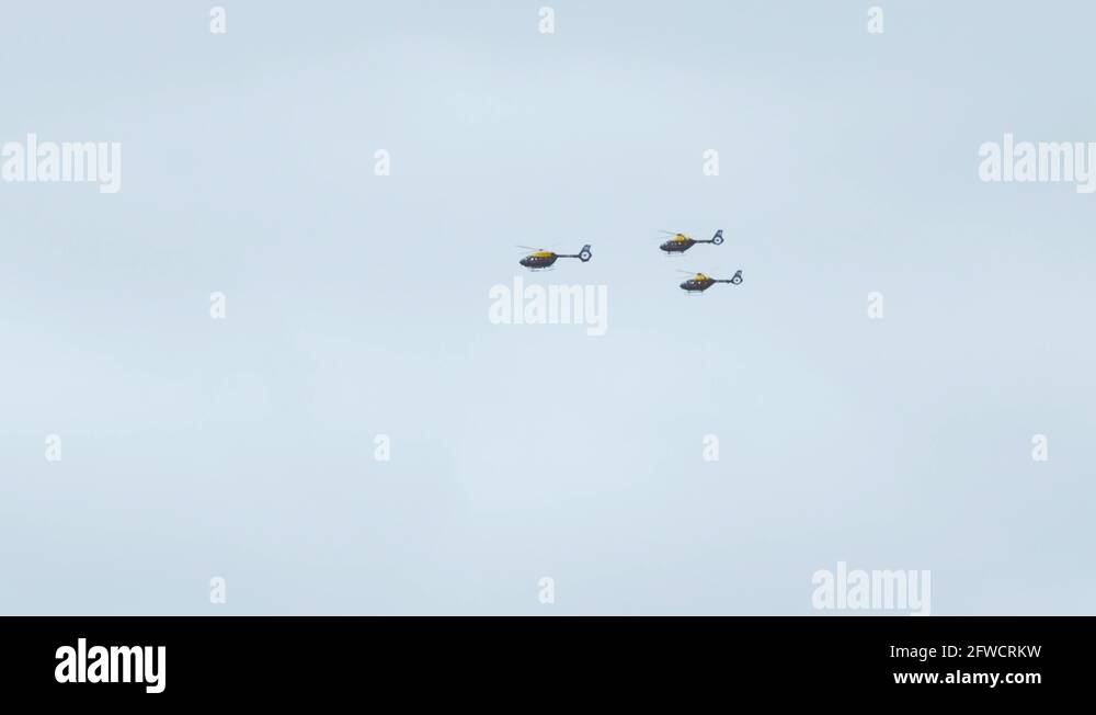 An RAF Juno H135 helicopter, and two Jupiter H145 helicopters fly over ...