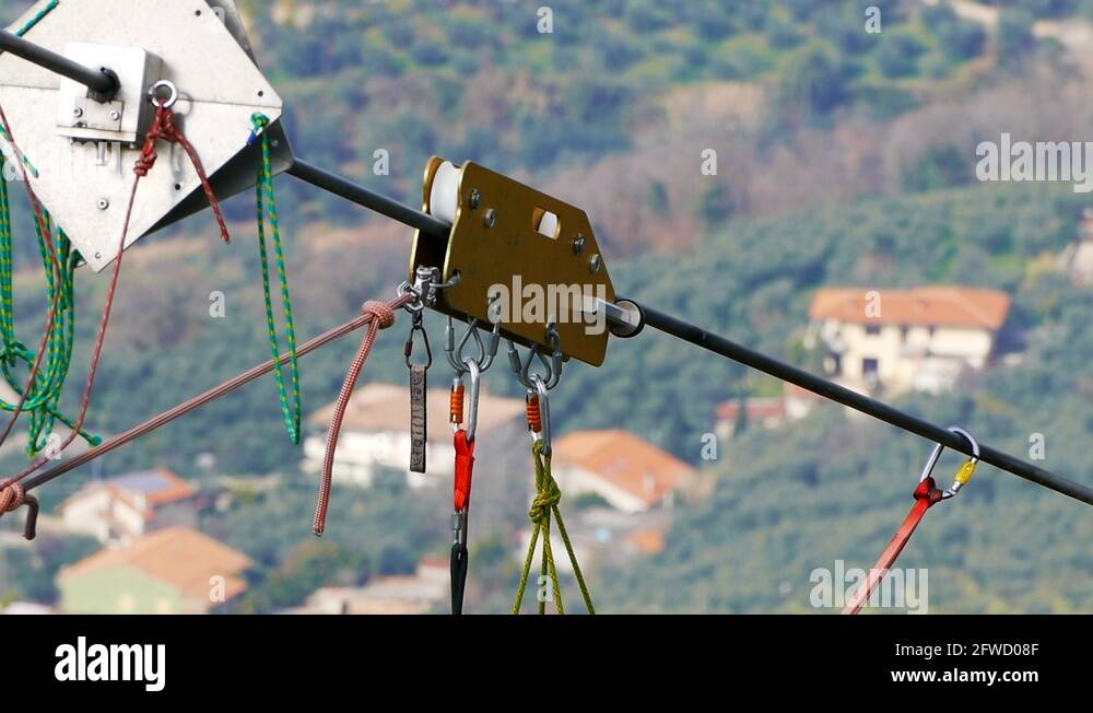 Safety fixing system on zip line. Various ropes, carbines and systems ...
