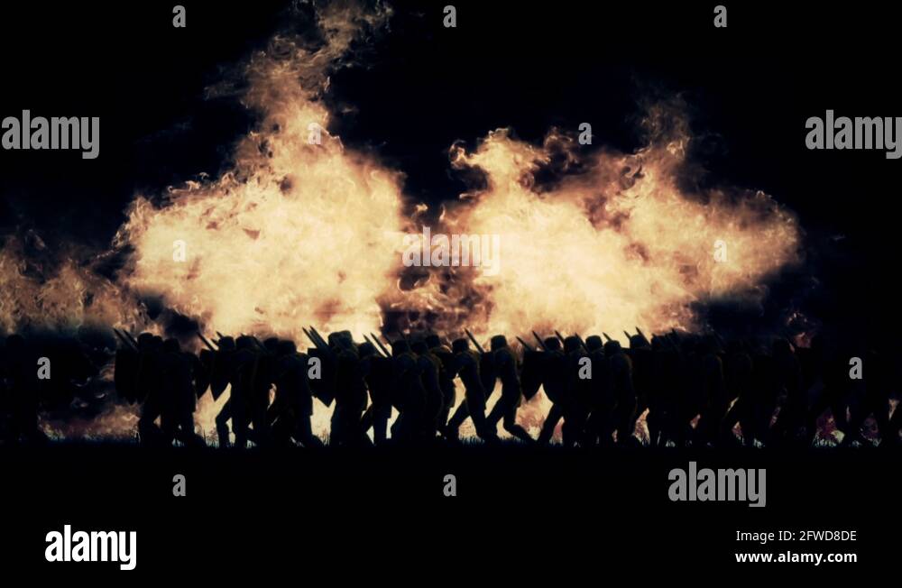 Army of Knights Marching on a Massive Fire Background Stock Video ...