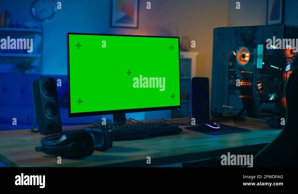Powerful Personal Computer Gamer Rig with Mock Up Green Screen Monitor ...