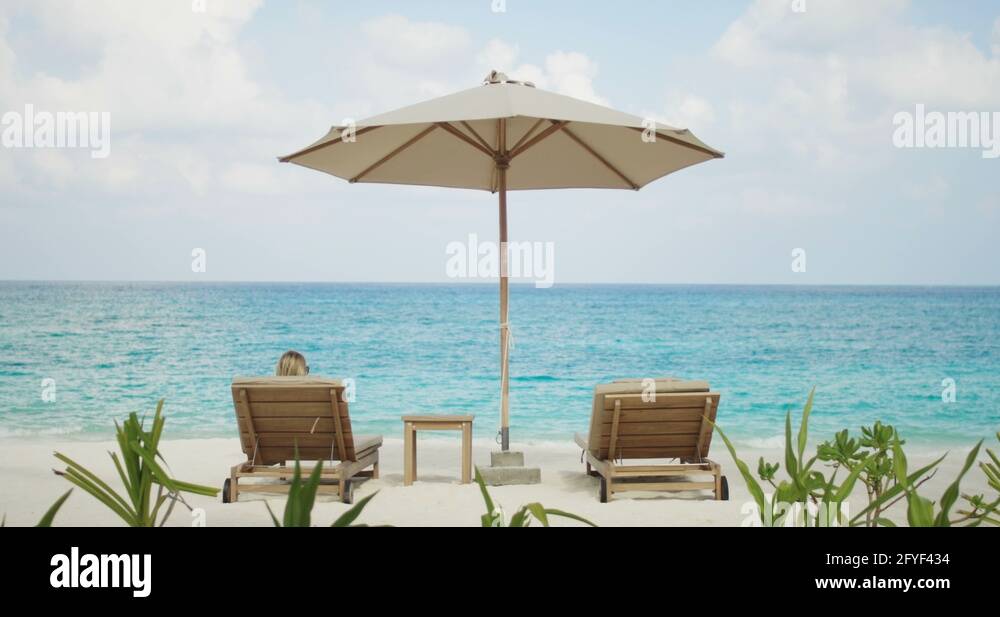 Back View of Woman Sunbathing on a Beach, She's Lying on the Deck Chair ...