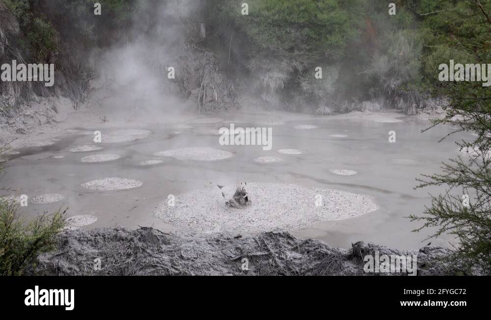 Steam rising from boiling bubbling hot mud pools Stock Video Footage ...