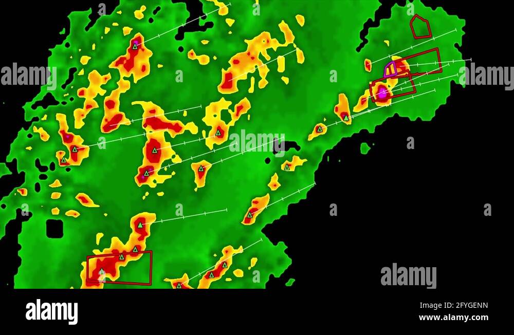 Weather radar screen showing severe thunder storms moving across the US ...
