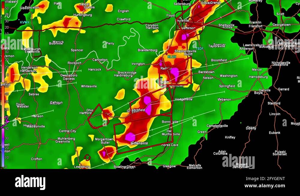 Weather radar screen showing severe thunder storms moving across the US ...