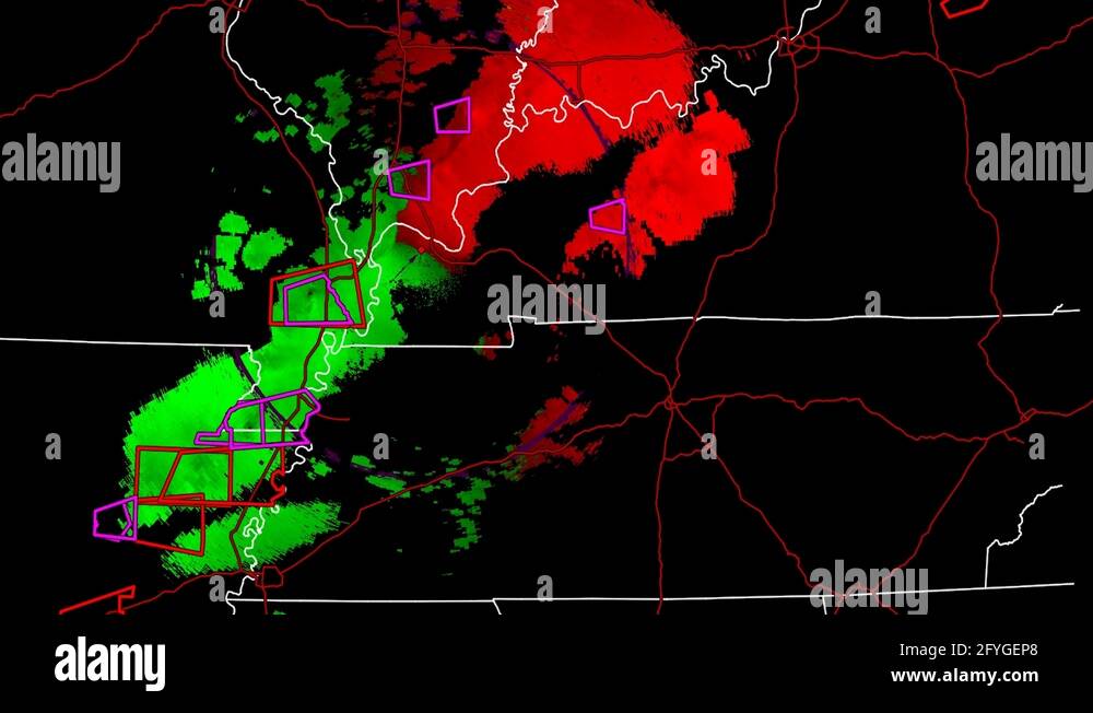 Weather radar screen showing severe thunder storms moving across the US ...