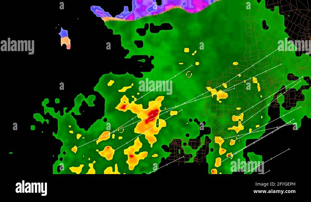 Weather radar screen showing severe thunder storms moving across the US ...