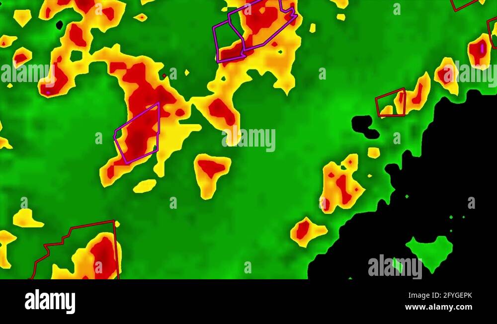 Weather radar screen showing severe thunder storms moving across the US ...