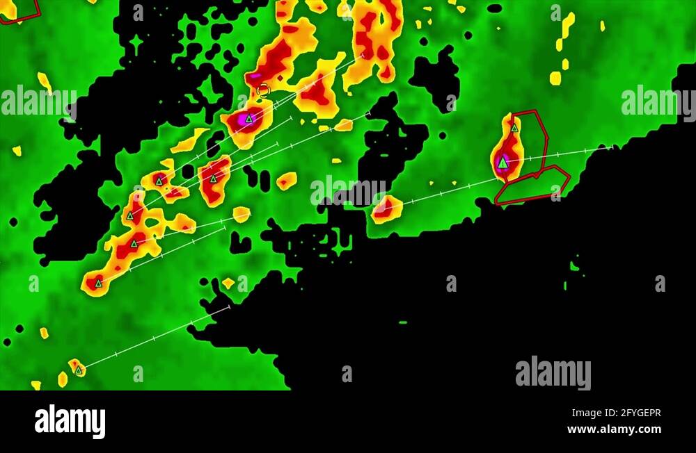 Weather radar screen showing severe thunder storms moving across the US ...