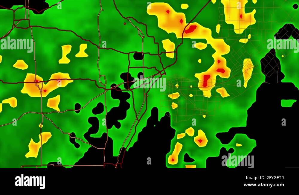 Weather radar screen showing severe thunder storms moving across the US ...