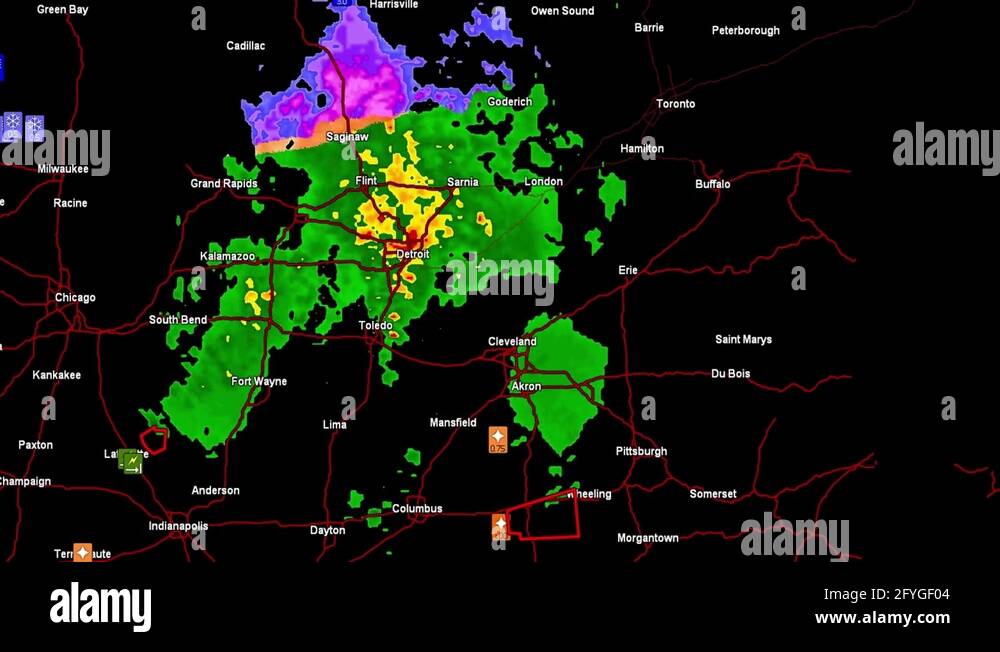 Weather radar screen showing severe thunder storms moving across the US ...