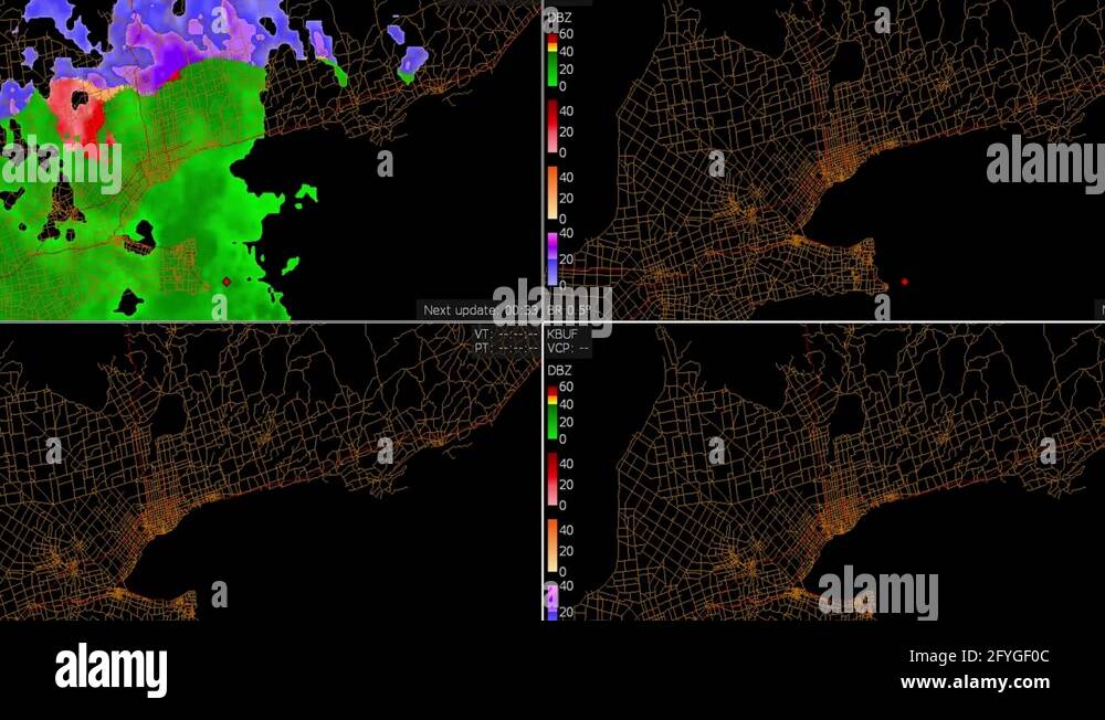 Weather radar screen showing severe thunder storms moving across the US ...