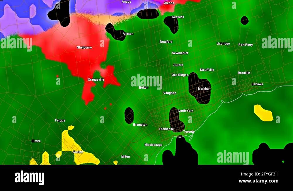 Weather radar screen showing severe thunder storms moving across the US ...