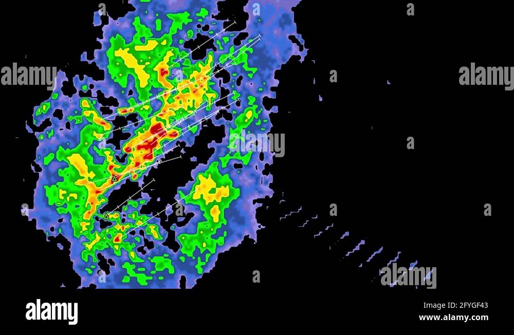 Weather radar screen showing severe thunder storms moving across the US ...