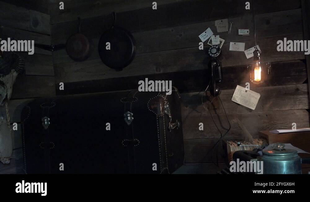 RETRO TELEPHONE IN RUSTIC CABIN, Western Old West Writer Stock Video ...