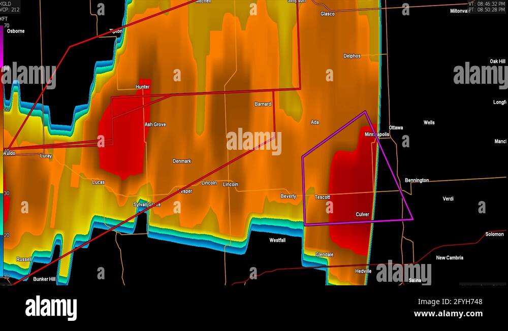 Severe thunderstorms with tornado warnings on weather radar screen ...