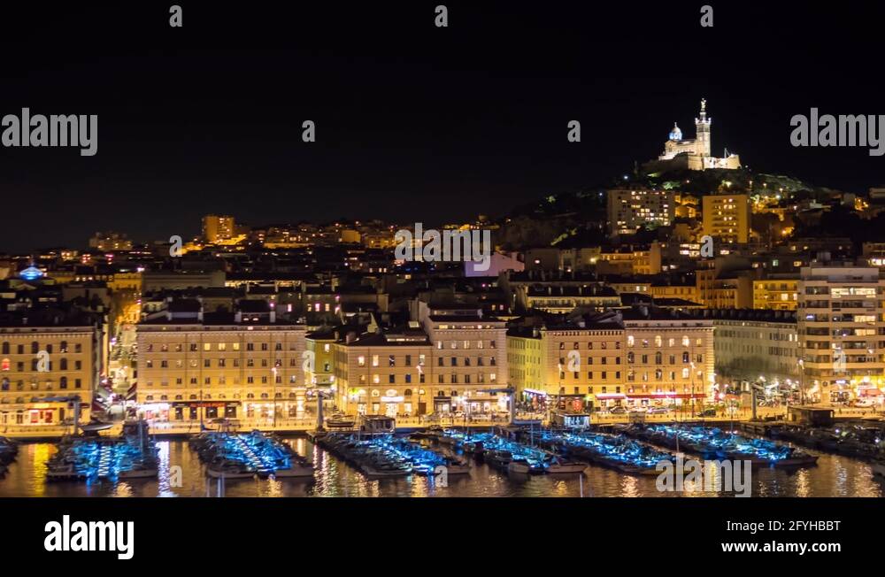 marseille skyline old port pan timelapse at night Stock Video Footage ...