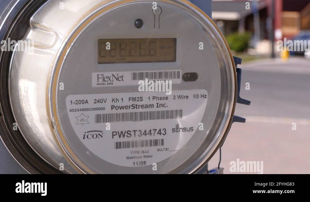 Smart grid hydro electricity meter on small town main street Stock ...
