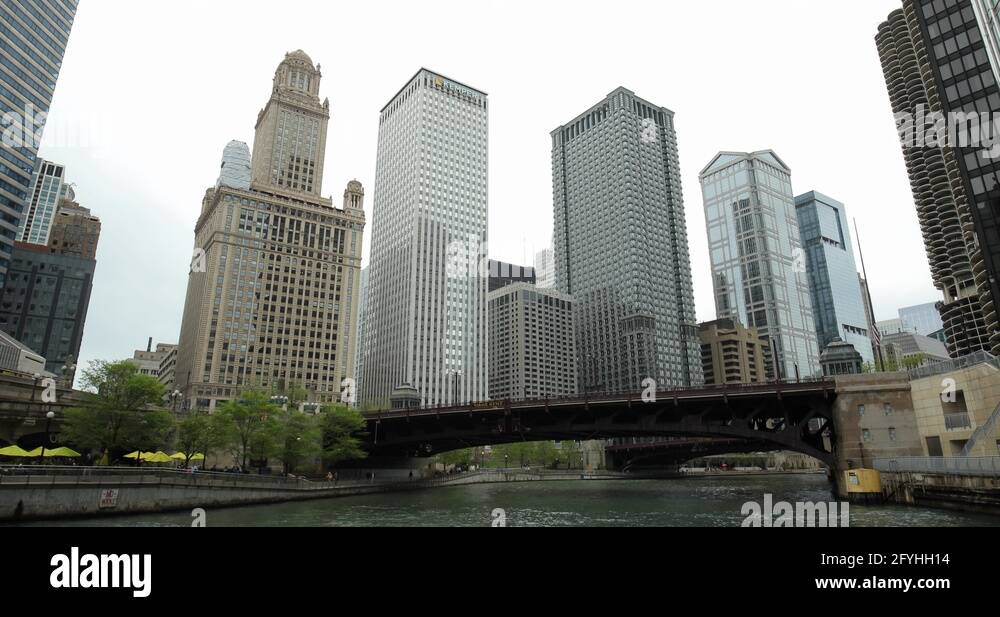 Chicago downtown river boat ride dolly skyline buildings water bridges ...