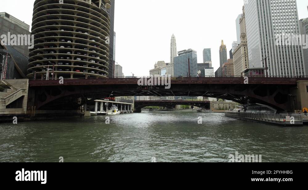 Chicago downtown river boat ride dolly skyline buildings water bridges ...