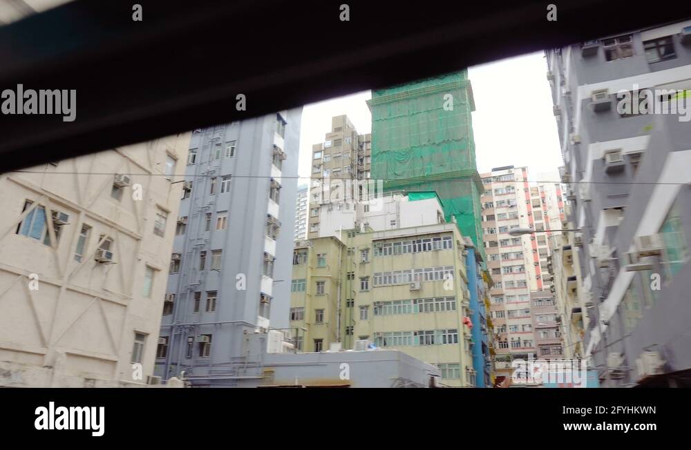 Inside of Iconic Hong Kong Double Decker Tram - Pan Through Window ...